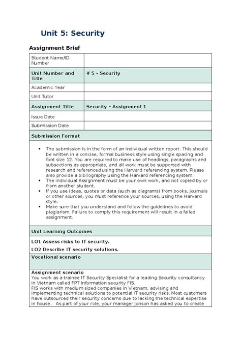 05 Security Assignment Brief 1 Final Unit 5 Security Assignment Brief Student Nameid Number 05 Security Assignment Brief 1 Final Unit 5 Security Assignment Brief Student Nameid Number