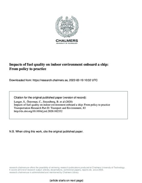 Pdf Impacts Of Fuel Quality On Indoor Environment Onboard A Ship From Policy To Practice