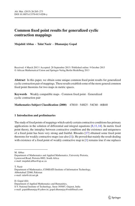 Pdf Common Fixed Point Results For Generalized Cyclic Contraction Mappings