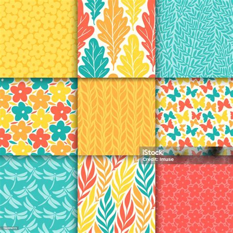 추상 장식 낙서 자연 완벽 한 패턴 설정 합니다 손으로 그린 실루엣 꽃 가지 나뭇잎 텍스처 간단한 벡터 보편적 인 배경입니다 빈티지 여성 색상 0명에 대한 스톡 벡터 아트