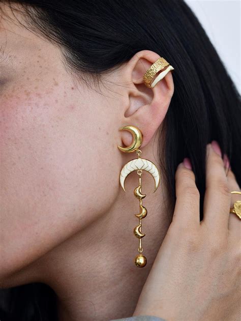 Luna Earrings Moon Inspired Enameled Dangle Earrings Brass With Gold