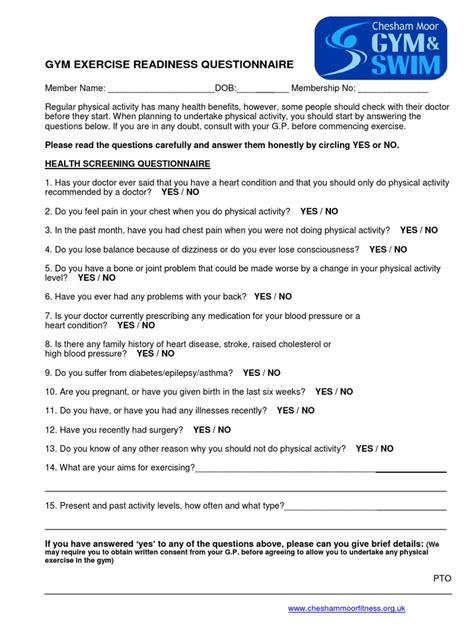 exercise readiness questionnaire pdf physical exercise