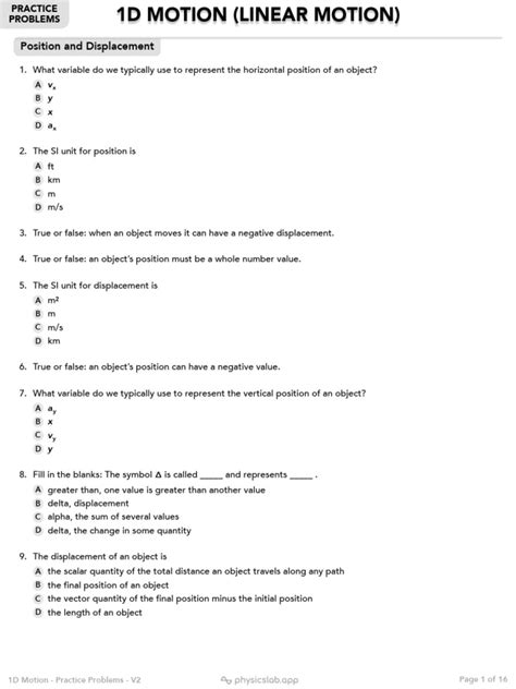1d Motion Practice Problems Pdf Velocity Acceleration