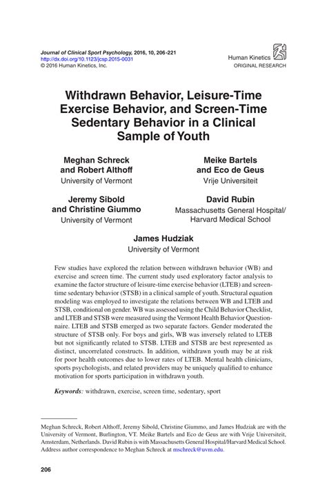 Pdf Withdrawn Behavior Leisure Time Exercise Behavior And Screen Time Sedentary Behavior In