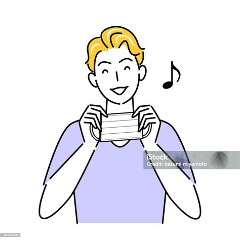 양손으로 마스크를 들고 있는 웃는 남자 일러스트 스플릿 일러스트스 심플한 벡터 양손으로 마스크를 들고 있는 웃는 남자 간단한 그림 벡터 20 29세에 대한 스톡 벡터 아트