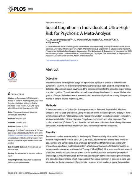 Pdf Social Cognition In Individuals At Ultra High Risk For Psychosis A Meta Analysis