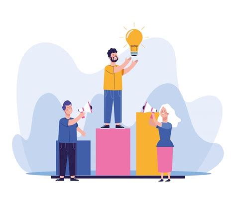 Premium Vector Man And Woman Using A Megaphone And Man With Bulb Light Standing On Chart Bar Graph