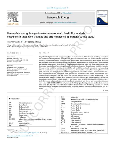 Pdf Renewable Energy Integration Techno Economic Feasibility Analysis Cost Benefit Impact On