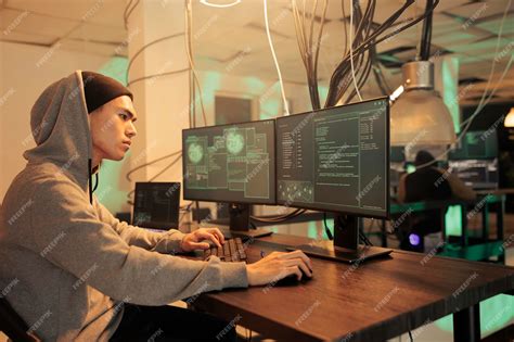 Premium Photo Cybercrime Asian Hacker Coding Computer Worm Program Data Breach Man Hacking