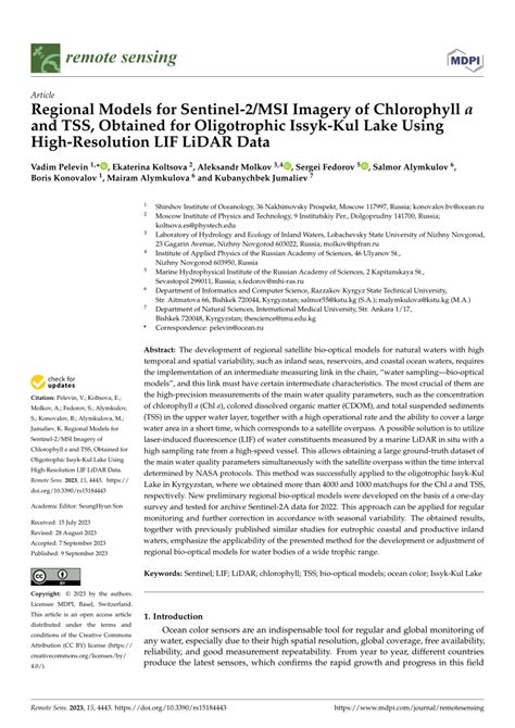 Pdf Regional Models For Sentinel 2 Msi Imagery Of Chlorophyll A And Tss Obtained For