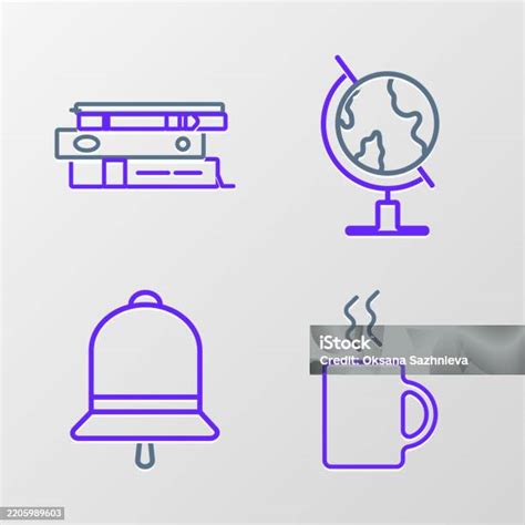 라인 커피 컵 울리는 종 지구 지구 및 서류 및 문서 아이콘이있는 Office 폴더를 설정합니다 벡터 경영자에 대한 스톡 벡터