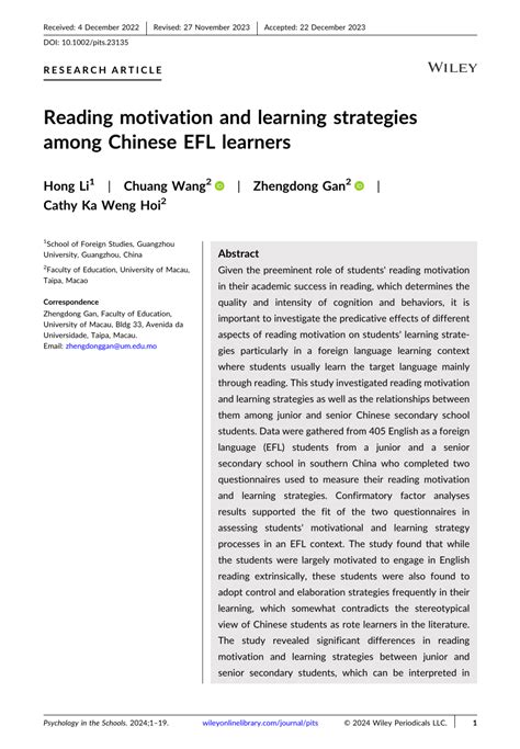 Pdf Reading Motivation And Learning Strategies Among Chinese Efl Learners