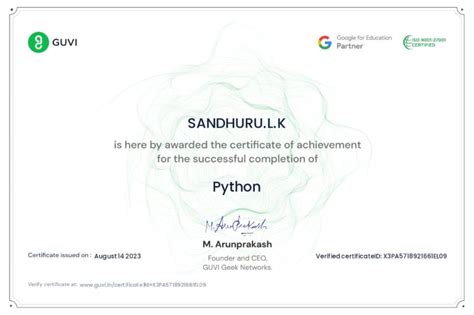 python learning certification guvi programming skill sandhuru l k