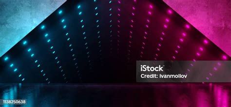 네온 빛나는 Led 레이저 가상 현실 착시 무한대 글로우 미러 상자 그런 지 콘크리트 반사 방 형광 활기찬 파란색 보라색 빛나는 조명 추상 갤러리 3d 렌더링 네온에 대한