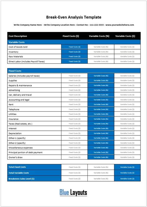 Simple Break Even Analysis Template Blue Layouts