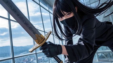 Девушка в стиле аниме одетая в черную одежду и маску которая держит