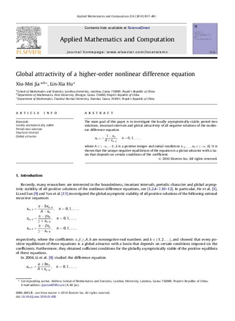 Pdf Global Attractivity For A Class Of Higher Order Nonlinear