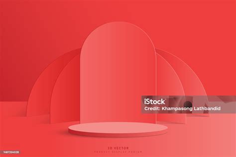 깨끗한 빨간색 스튜디오 룸 아치와 반원 모양의 배경이 있는 사실적인 3d 실린더 연단 제품 프레젠테이션을 위한 플랫폼 3d 벡터 렌더링 0명에 대한 스톡 벡터 아트 및 기타