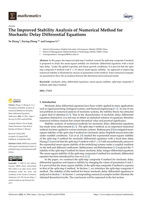 PDF The Improved Stability Analysis Of Numerical Method For Stochastic Delay Differential