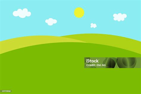 풍경 푸른 잔디밭 태양 구름 푸른 하늘 텍스트가 있는 배너 손으로 그린 벡터 여름 추상 배경 가로 그림 구름 한 점 없는 날씨 여름 자연과 카드 테두리 화창한에 대한 스톡