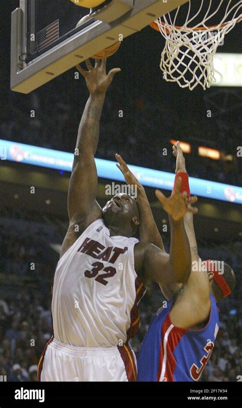 Miami Heats Shaquille Oneal 32 Goes To The Basket Over Detroit
