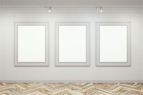 콘크리트 벽과 나무 쪽모이 세공 마루 바닥에 빈 흰색 모형 포스터 프레임이 있는 현대적인 갤러리 인테리어 3d 렌더링 0명에 대한 스톡 사진 및 기타 이미지 Istock