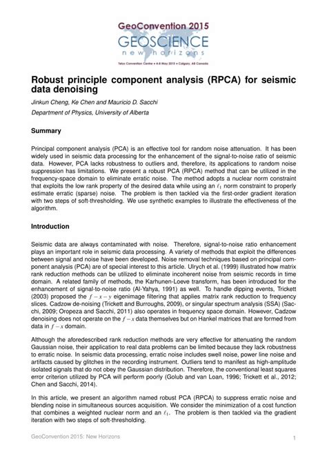 pdf robust principle component analysis rpca for seismic data