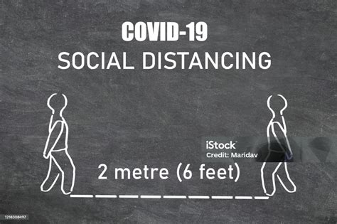 텍스트와 칠판에 코로나 바이러스 사회 분리 지침 그림 각 사람 사이에 2 미터 또는 6 피트의 물리적 공간을 유지 2미터에 대한