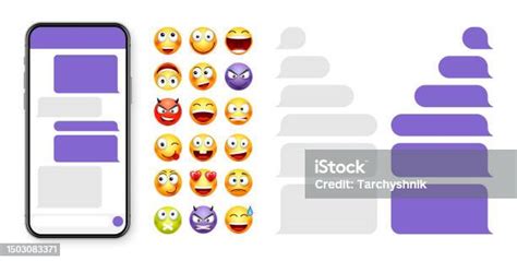 스마트폰 메시징 앱 이모티콘이 있는 사용자 인터페이스 디자인 Sms 텍스트 프레임입니다 보라색 메시지 풍선이 있는 채팅 화면 커뮤니케이션을 위한 문자 메시지 앱 소셜 미디어