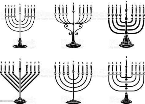 흰색 배경에 고립 된 인그레이빙 스타일로 하누카 촛불의 일러스트 세트 포스터 카드 배너 기호 엠블럼에 대한 디자인 요소 벡터 이미지 12월에 대한 스톡 벡터 아트 및 기타