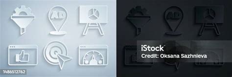 타겟 그래프 차트가 있는 보드 고객 제품 등급 웹사이트 통계 광고 및 판매 깔때기 톱니바퀴 아이콘을 설정합니다 벡터 3차원 형태에 대한 스톡 벡터 아트 및 기타 이미지