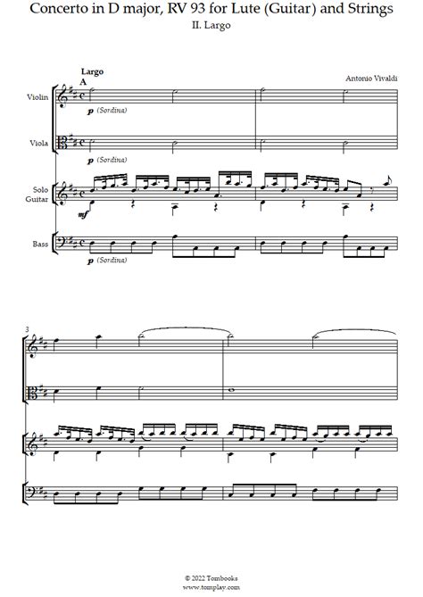 Concerto In D Major Rv 93 For Lute Guitar And Strings Ii Largo Vivaldi Guitar Tabs And