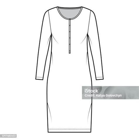 셔츠 드레스 기술 패션 일러스트와 헨리 넥 긴 소매 무릎 길이 오버사이즈 펜슬 충만 플랫 0명에 대한 스톡 벡터 아트 및 기타