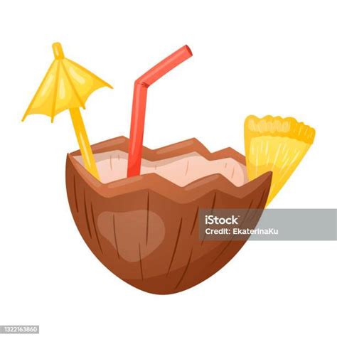 깨진 가장자리만화 여름 하프 코코넛 칵테일 아이콘 빨대 칵테일 우산 파인애플 슬라이스로 상쾌한 달콤한 음료를 즐기세요 바