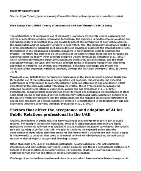 📌 Free Essay The Unified Theory Of Acceptance And Use Theory Utaut
