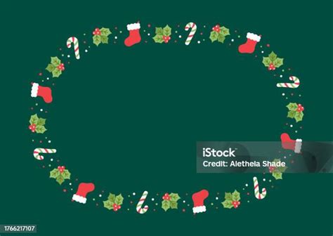 타원형 크리스마스 프레임 테두리 겨울 휴일 그래픽 귀여운 겨우살이 스타킹과 사탕 지팡이 패턴 카드 및 소셜 미디어 게시물 템플릿 벡터 일러스트 레이 션 0명에 대한 스톡