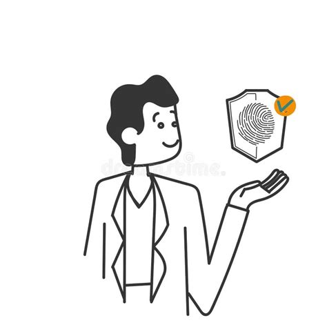 Hand Drawn Person Holding Shield With Fingerprint Symbol For
