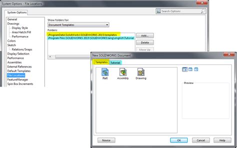 SOLIDWORKS Default Template Location Settings