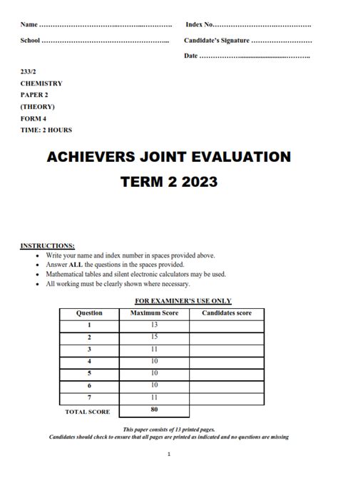 2023 Achievers June Mock Chemistry Paper 1 3 With Marking Schemes Elimu Cloud Notes Exams