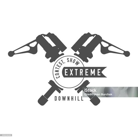 자전거 쇼 익 스 트림 자전거 대회 엠 블 럼입니다 후면 충격 흡수 리본 배너를 넘어 흑백 벡터 일러스트 레이 션 개념에 대한 스톡 벡터 아트 및 기타 이미지 Istock