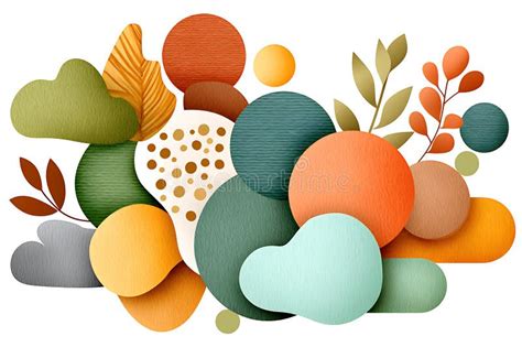 Colorful Abstract Shapes And Textures Create Vibrant Composition Featuring Leaves And Circles
