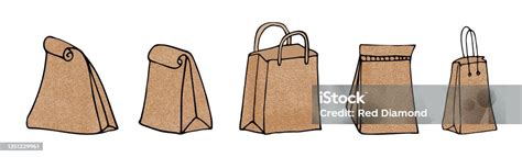 공예 종이 봉투 세트 낙서 스타일의 다양한 점심 가방 흰색 배경에 손으로 그린 점심 가방 세트 갈색으로 칠해진 분리된 가방