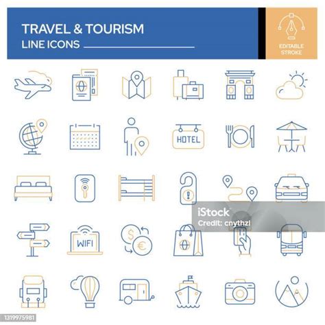 여행 및 관광 관련 라인 아이콘 세트 윤곽 선자 모음 편집 가능한 스트로크 도시에 대한 스톡 벡터 아트 및 기타 이미지 도시