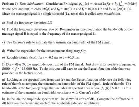 solved problem 1 tone modulation consider an fm signal