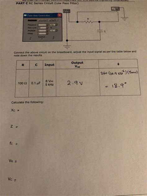 Solved PART C RC Series Circuit Low Pass Filter Function Chegg
