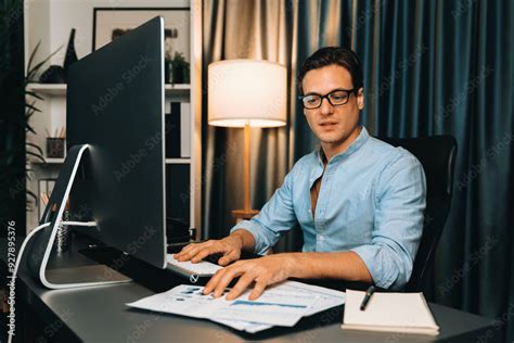 Smart Businessman Typing With Keyboard On Monitor With Business Paragraph Dynamic Data Marketing