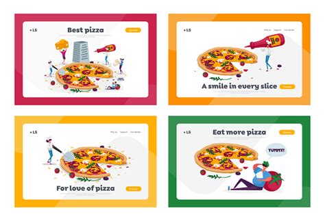 거대한 피자 랜딩 페이지 템플릿 세트를 먹는 작은 사람들 칼로 잘라 캐릭터 케첩이나 치즈를 넣어 이탈리아 피자의 조각을 가져 가라 패스트 푸드 카페 또는 비스트로 방문자