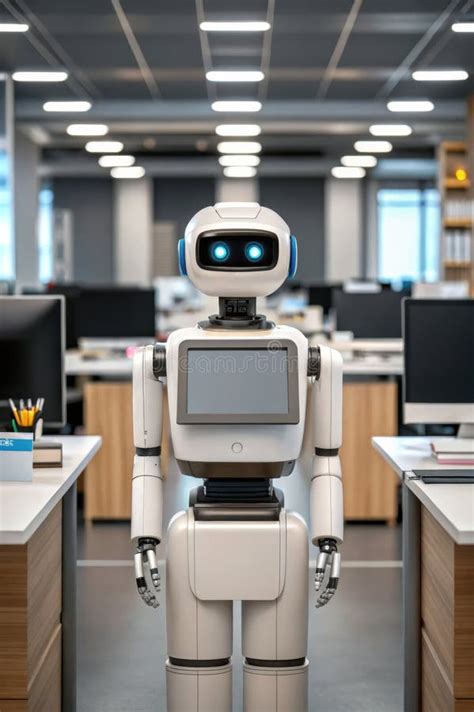 Friendly Ai Powered Robotic Assistant Stands In Modern Office