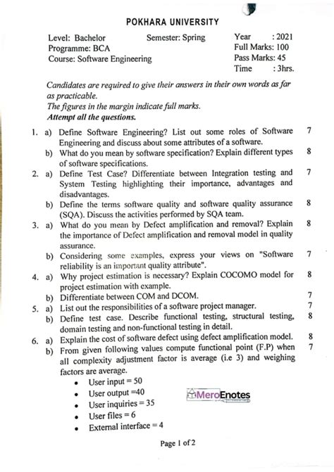 Pokhara University Pu Bca Software Engineering Question Paper 4th Semester Mero Enotes