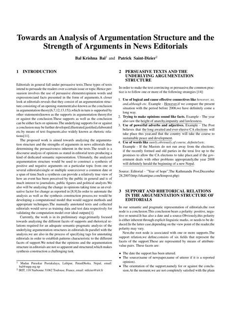 Pdf Towards An Analysis Of Argumentation Structure And The Strength Of Arguments In News